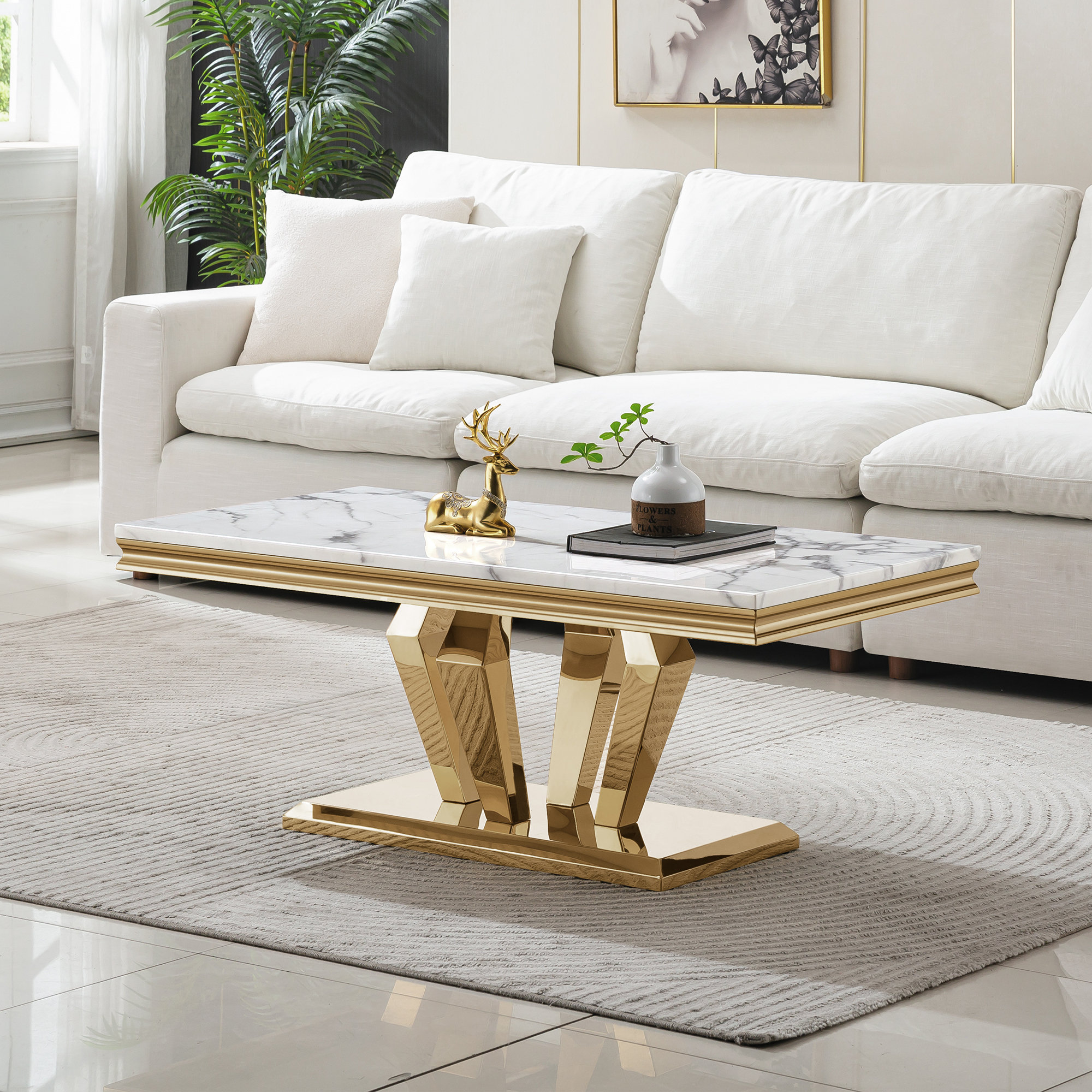 Mercer41 46.85" Marble Coffee Table, Modern White Faux Marble Center Table with Diamond-Shape ...